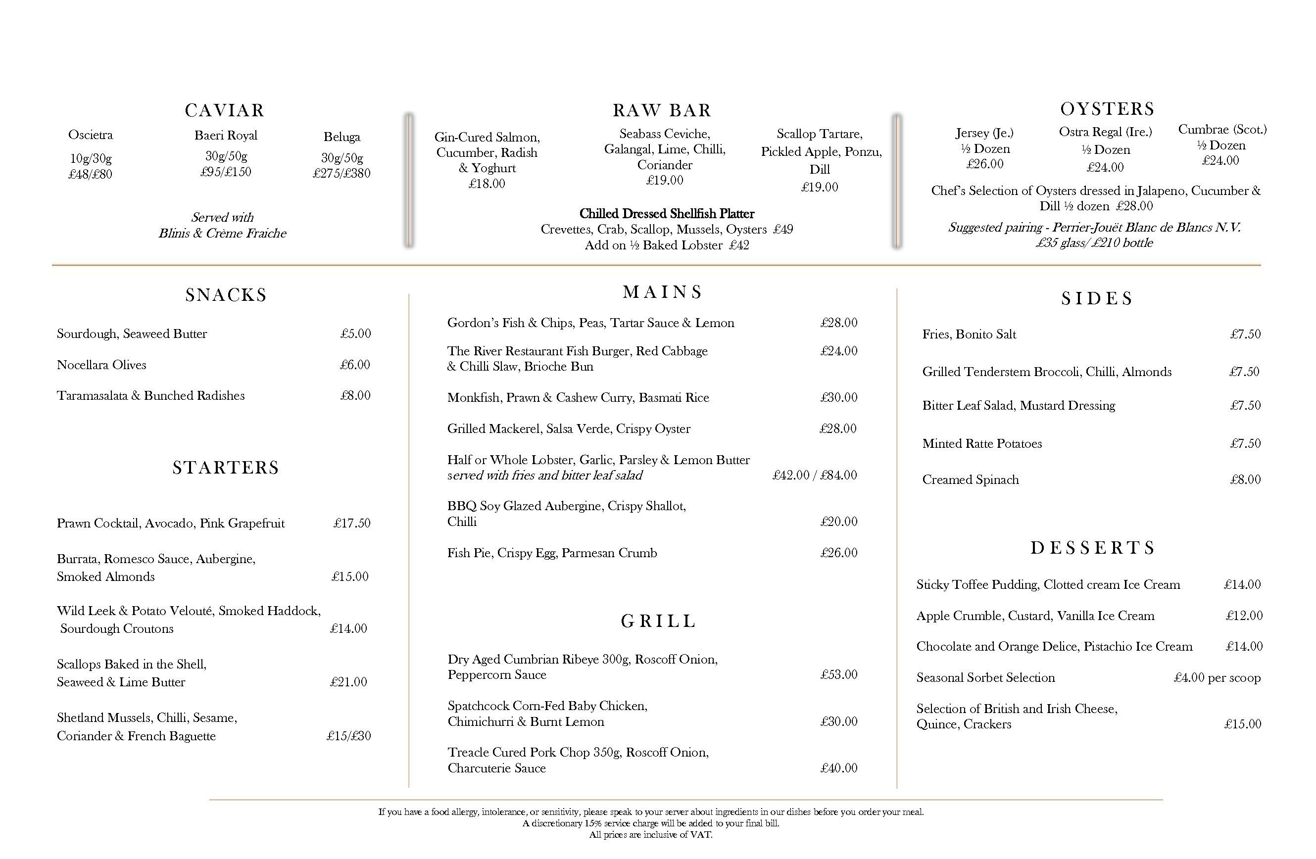Menus - Seafood & Fish at The River Restaurant | Gordon Ramsay Restaurants