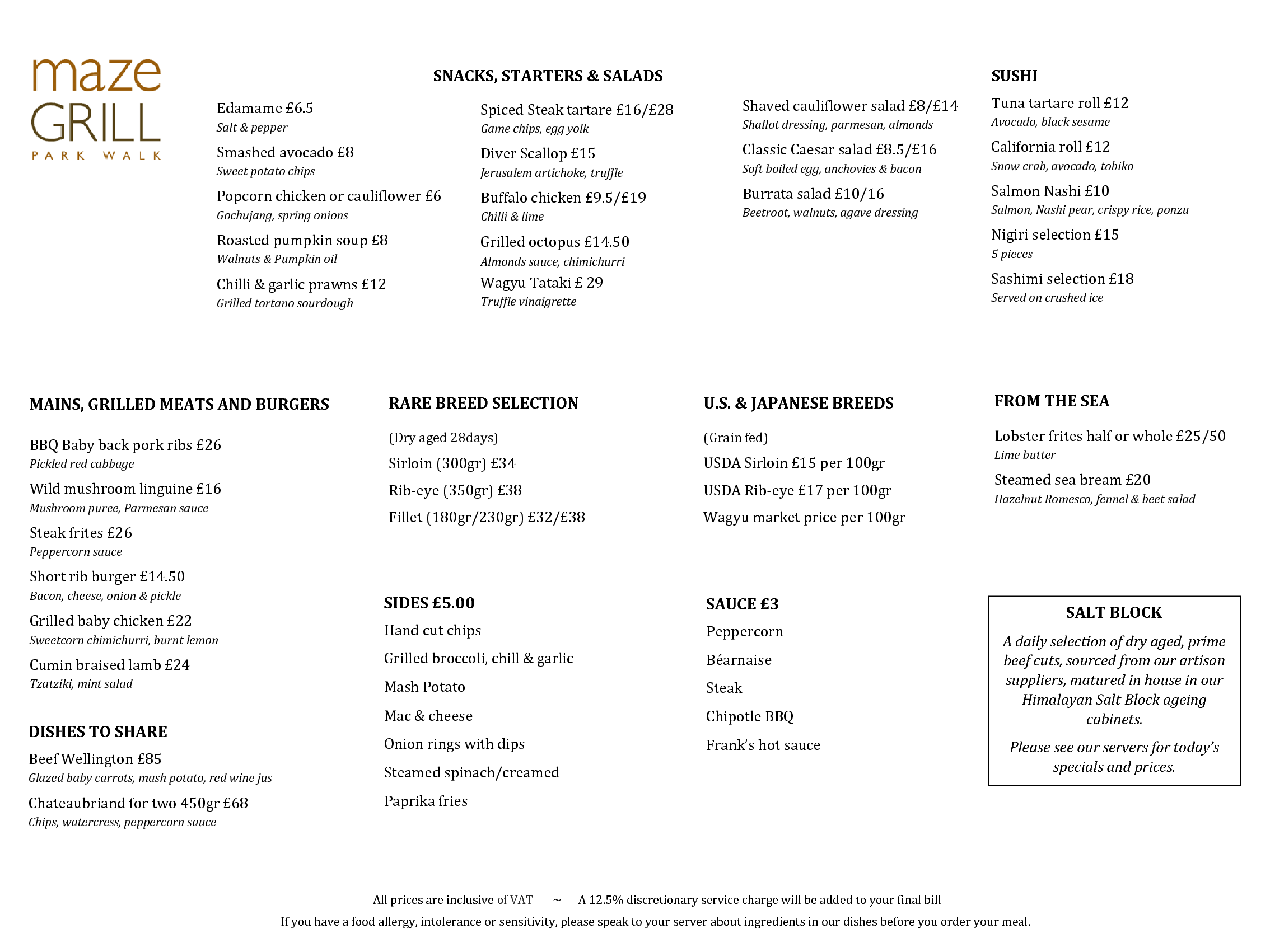 Menus - maze Grill Park Walk | Gordon Ramsay Restaurants