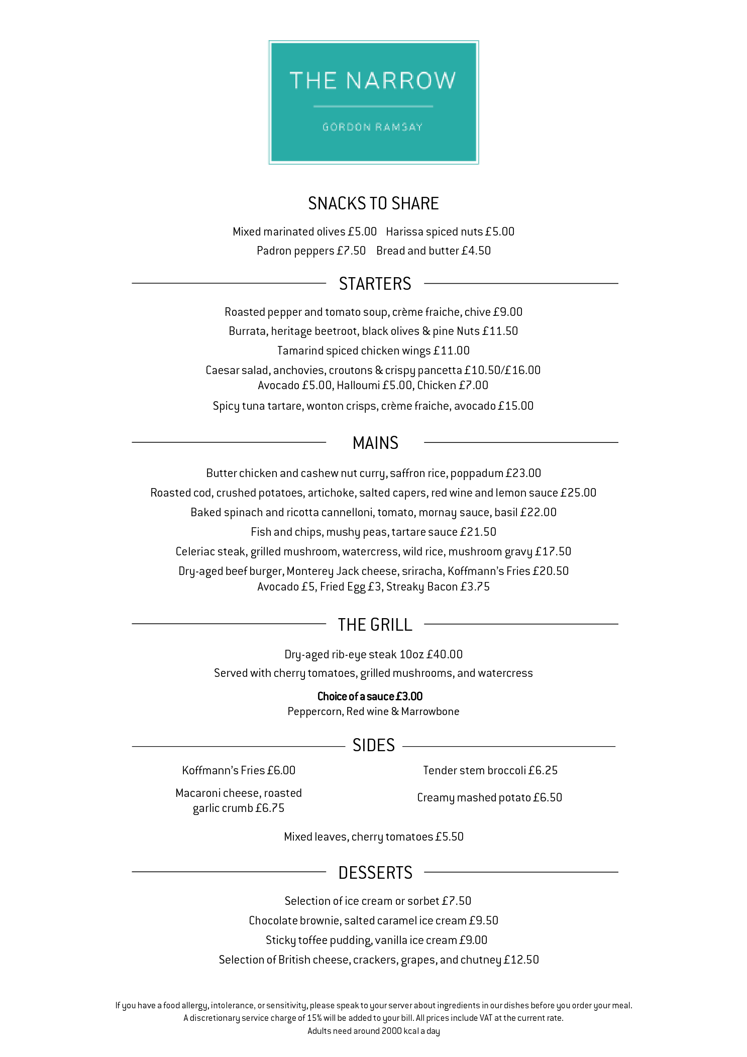 Menus - The Narrow by Gordon Ramsay | Gordon Ramsay Restaurants